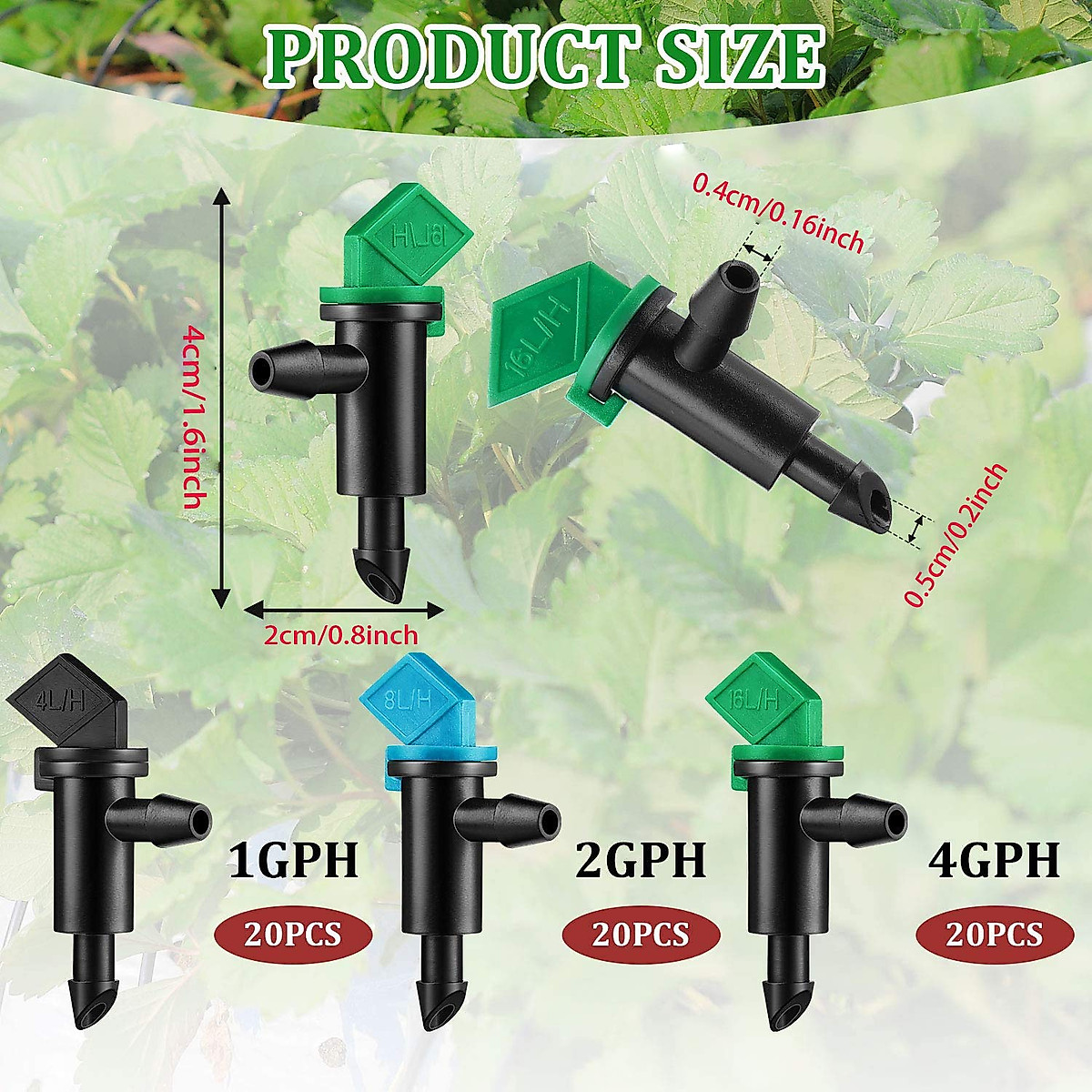 HOINCO 60 Pieces Drip Emitter, 3 Sizes Garden Flag Irrigation Dripper Emitter, Trees and Shrubs, Per Hour1 GPH, 2 GPH, 4 GPH