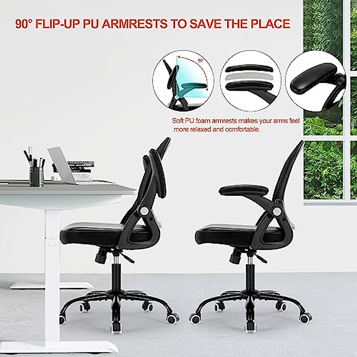 Office Chair,Ergonomic Home Desk Chairs,PU Leather Thick Cushion Mesh Office Chairs,Adjustable Executive Task Chair with Flip-up PU Armrests,360° Swivel Computer Chairs,Black