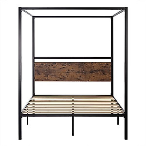 ikalido Queen Size Metal Canopy Bed Frame with Wooden Headboard, Classic Design Canopy Bed with 4 Sturdy Posters, Noise Free/No Box Spring Needed/Rustic Brown