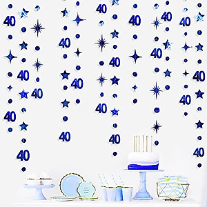 Navy Blue 40th Birthday Decorations Number 40 Circle Dot Twinkle Star Garland Metallic Hanging Streamer Bunting Banner Backdrop for Women 40 Year Old Birthday Forty Anniversary Party Supplies