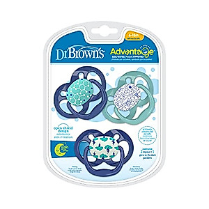 Dr. Brown's Advantage Symmetrical Pacifier with Air Flow, Blue Glow-in-the-Dark, 3-Pack, 6-18m