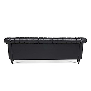84" Chesterfield 3 Seater Sofa Black with Rolled Arm, Mid Century Modern Striped PU Leather Couch for Small Spaces