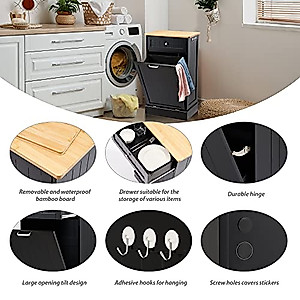 Dragosum Kitchen Trash Can Cabinet, 10 Gallon Tilt Out Waste Bins, Free Standing Laundry Hamper with Hideaway Drawer Wooden Bamboo Cutting Board Storage Bag, Pet Proof for Living Room (Black)