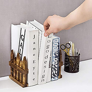 MyGift Rustic Burnt Brown Solid Wood Decorative Bookends with Picket Fence Design, Country Home Style Office Desk Book Stand Shelf Decoration, 1 Pair