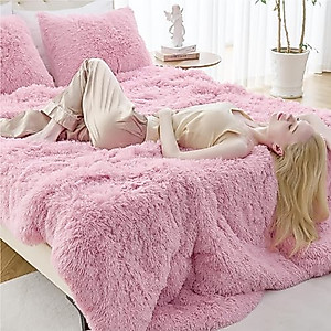 Syalife Plush Fluffy Bedding, Soft Shaggy Comforter Set Twin Size, Faux Fur Pink Shaggy Duvet Cover Set Comforter Cover with Pillow Sham (Twin, Pink)