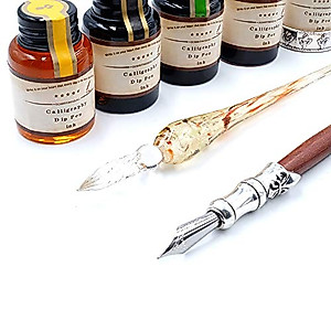 GC QUILL MU-02 Calligraphy Pen Set, Glass Dip Pen and Handcrafted Wooden Dip Pen Gift Set with 5 Colors Calligraphy Ink 6 Nibs 1 Pen Holder, Calligraphy Set for Beginners