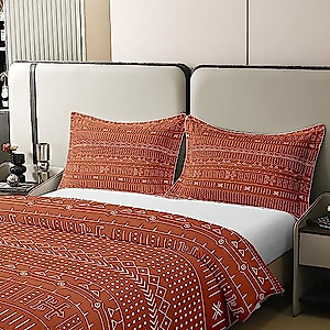 Exotic Geometric Cotton Duvet Cover Set Queen Ethnic African Inspired Boho Bedding Set for Women Men Ultra Soft Rusty Red Stripe Line Comforter Cover Set Arrow Bedspread Cover Room Decor Bedcothes
