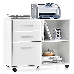 Giantex 3-Drawer File Cabinet for Office - Home Mobile Lateral Filing Cabinet with Hanging Bars, Open Storage Shelves, 5 Universal Wheels, Printer Stand for Letter Size Storage Cabinet (White)
