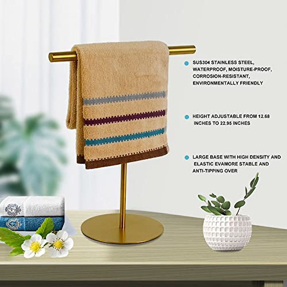 KURBAO Towel Rack T-Shape Hand Towel Stand for Bathroom, Kitchen or Vanity Towel Holder Stand, Towel Holder Standing SUS 304 Stainless Steel Height-Adjustable, Bath Hand Towel Bar Gold