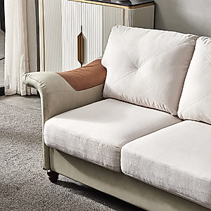 KoiHome Upholstered Loveseat Couch with Side Pockets and Storage Space Under Seat, 61.5" 2-Seater Linen Fabric Faux Leather Sofa Chaise with Curved Arms for Living Room,Bedroom,Office, Wood Leg, Beige