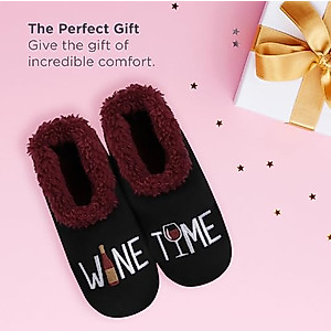 Snoozies Pairables Sherpa-lined Slipper Socks - Fuzzy and Cute Slippers for Women with Non-Slip Sole - Ladies Warm Slippers - Wine Time - Medium