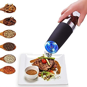 Gravity Electric Salt and Pepper Grinder Set, Automatic Pepper and Salt Mill Grinder,Battery-Operated with Adjustable Coarseness, Premium Stainless Steel with LED Light, (BLACK 1-PACK)