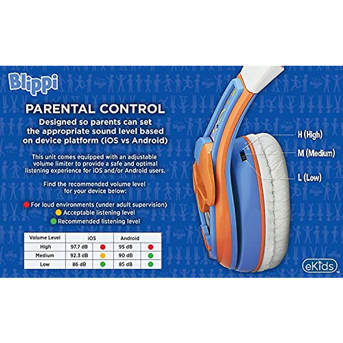 eKids Blippi Headphones for Kids, Wired Headphones for School, Home or Travel, Tangle Free Stereo Headphones with Parental Volume Control, Connect via 3.5mm Jack