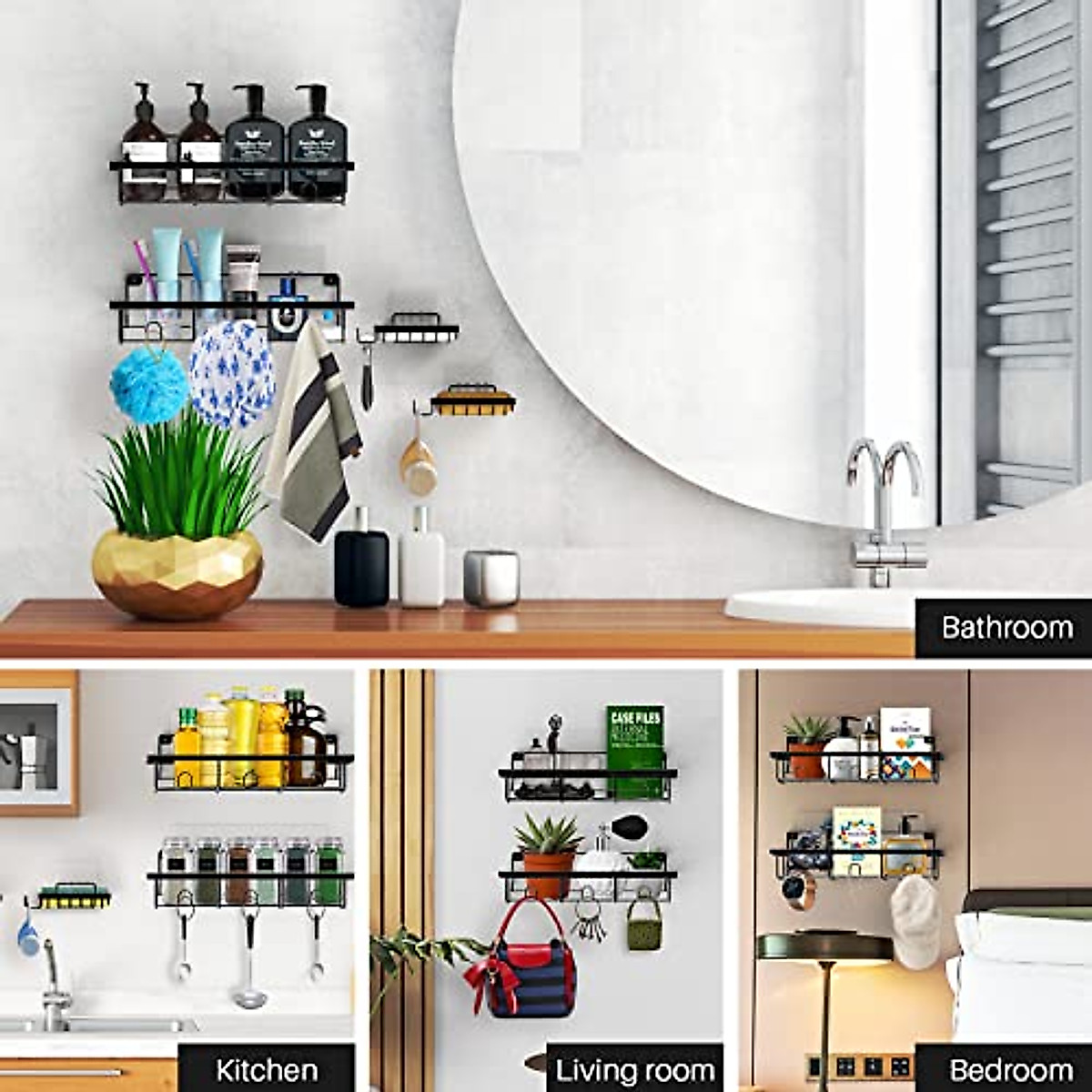 YAWSOUP Shower Rack with Hook Storage Rack Organizer Wall Mountable Non-Hole for Bathroom, Restroom, Toilet, Shower, Toilet, Kitchen, Set - 2 Pack