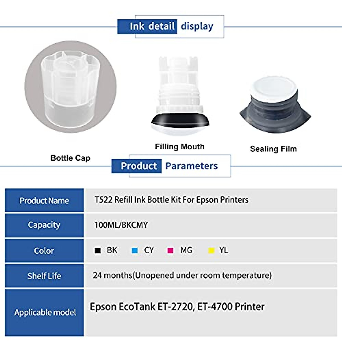 Aomya Compatible T522 Refill Ink Bottle Kit Premium Ink for EcoTank ET-2720, ET-4700 Printers Black, Cyan, Magenta, Yellow 4-Pack 100ML