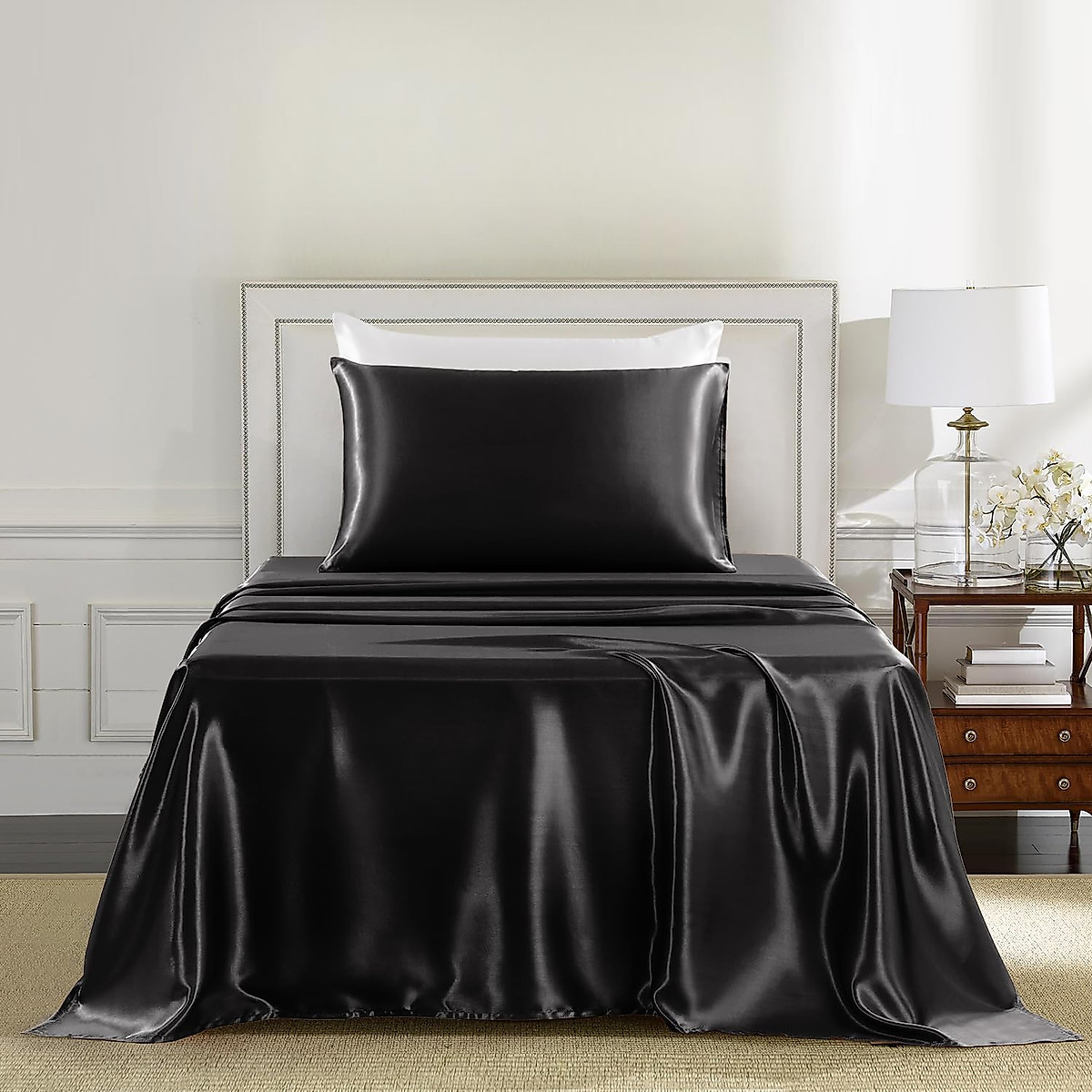 GOLAL Satin Sheets Twin Size - 3 Pieces Luxury Silky Soft Bed Sheets for Kids, Wrinkle-Free Black Satin Silk Sheet Set with 1 Deep Pocket Fitted Sheet, 1 Flat Sheet, 1 Pillow case
