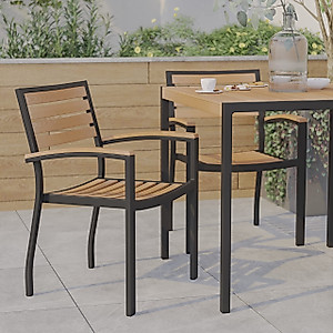 EMMA + OLIVER Stackable Aluminum Patio Chair - Set of 2 All-Weather Black Framed Side Chair with Faux Teak Slats - Commerical Grade