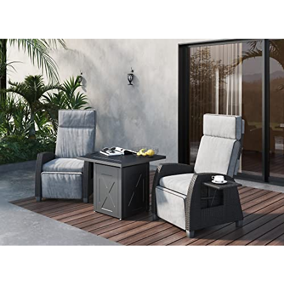 Grand patio Outdoor Furniture with Fire Pit Table Recliner Wicker Chairs 3 Pieces Reclining Chair for Patio Garden Backyard, Cool Grey