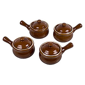 HIC Kitchen French Onion Soup Crock Set with Lids, Set of 4, Brown