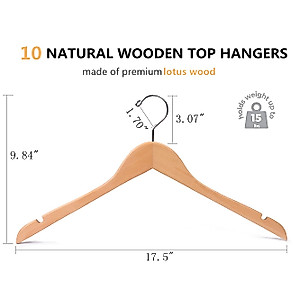 Amber Home 10 Pack Natural Wooden Shirt Hangers, Premiun Wood Coat Hangers Without bar, Clothes Hangers for Jacket, Bridal (Natural, 10)