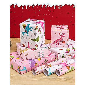 Christmas Dinosaur Wrapping Paper 10 Sheets 20" x 27" Pink Christmas Wrapping Paper Flat Fold Christmas Gift Wrap Paper Pink Girls Wrapping Paper Kids Dinosaur Gift Wrap Dino Birthday Wrapping Paper