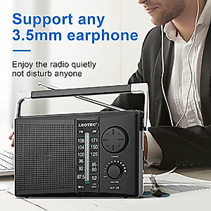 LEOTEC Portable AM FM Radio with Best Reception,Battery Operated or AC Power,Big Speaker,Large Tuning Knob,Clear Dial,Earphone Jack for Gift,Elder,Home
