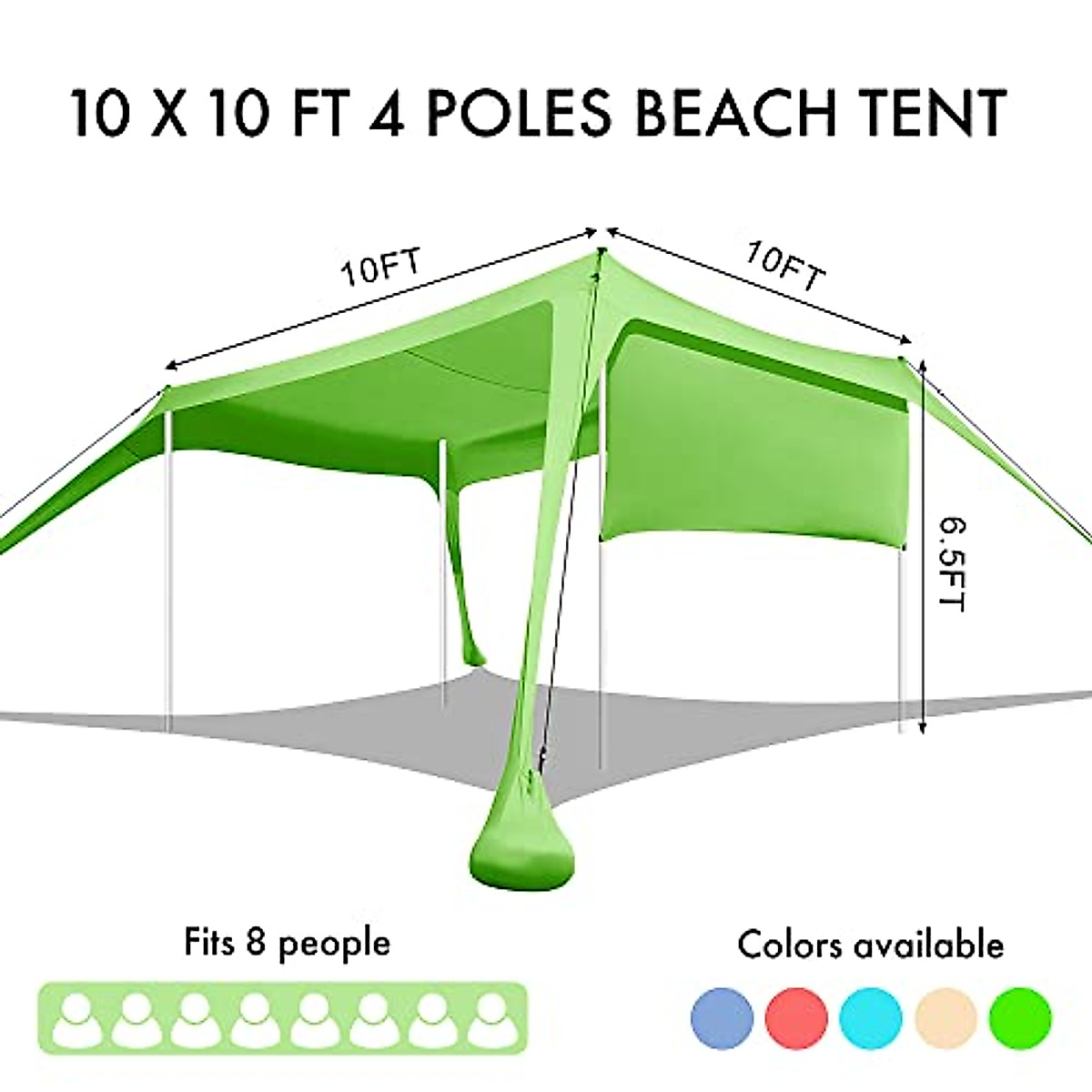 easierhike Beach Sunshade with Side Wall Shade Windproof Design,Sun Shelter UPF50+ Portable Family Canopy Tent Anchors 10x10 FT 4 Poles Pop Up Outdoor Shelter for Beach,Backyard and Picnics