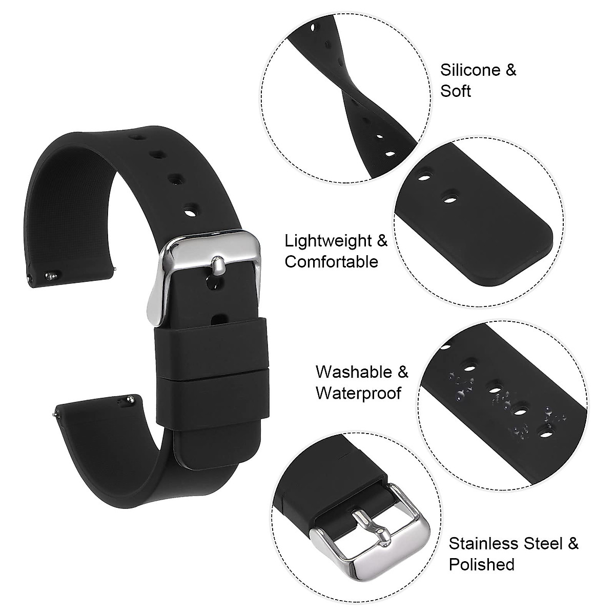 HARFINGTON Silicone Watch Band 12mm Width Quick Release Soft Rubber Replacement Watch Strap with Stainless Steel Buckle for Men Women, Black