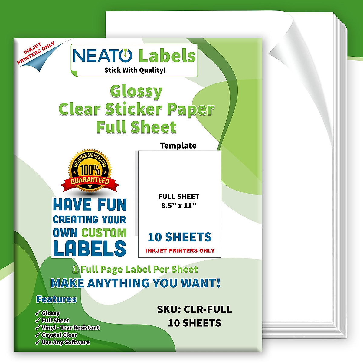 Clear Sticker Paper - Vinyl Full Sheet Label - Weatherproof - for Inkjet and Laser Printers - 10 Premium 8.5 x 11 Inch Clear Printable Sticker Paper - Tear Resistant- Includes Online Design Software's