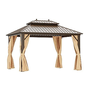 GAZEBEST 10'x12' Hardtop Gazebo Outdoor Aluminum Patio Gazebo Double Roof Galvanized Steel Gazebo Canopy with Netting and Curtains,for Garden Patio,Patio Backyard,Deck and Lawns