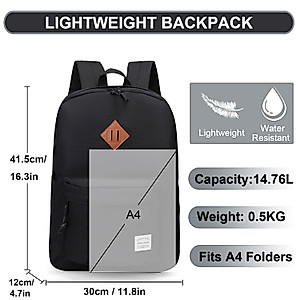 Lightweight Backpack for School, Kabanmate Large Capacity Water Resistant Classic Bookbags Casual College Daypack for Men Women Teen Girls Boys, Black