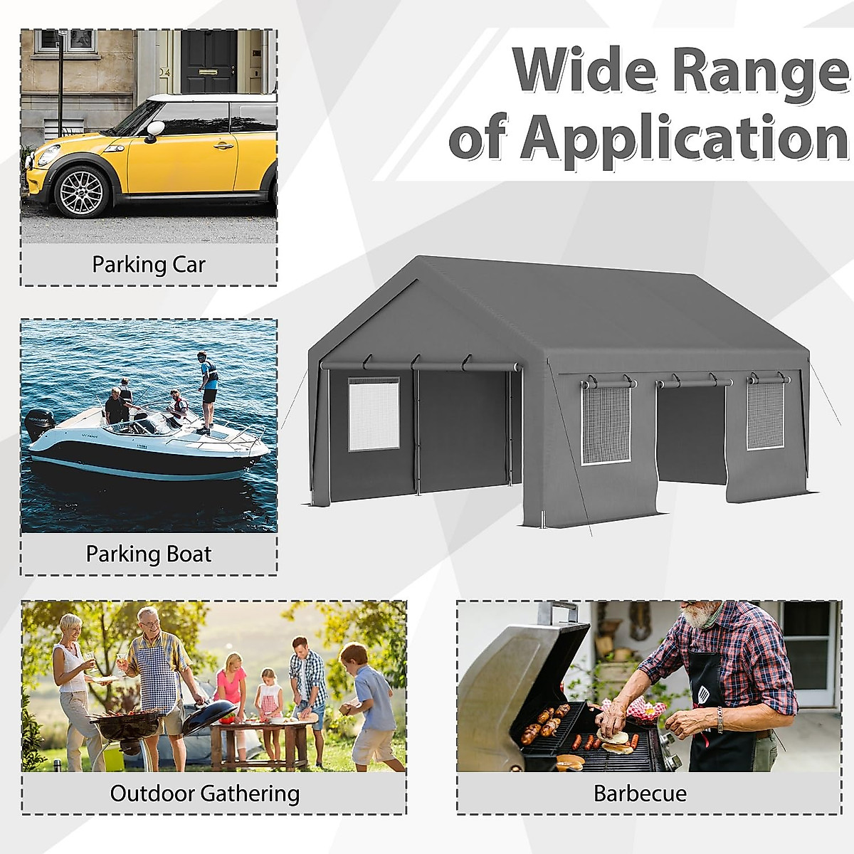 DetalleGo Carport, 13x20 ft Heavy Duty Carport Canopy with Removable Sidewalls and Doors, Portable Garage with Roll-up Ventilated Windows Storage Shelter for Car, Truck, SUV, Boat