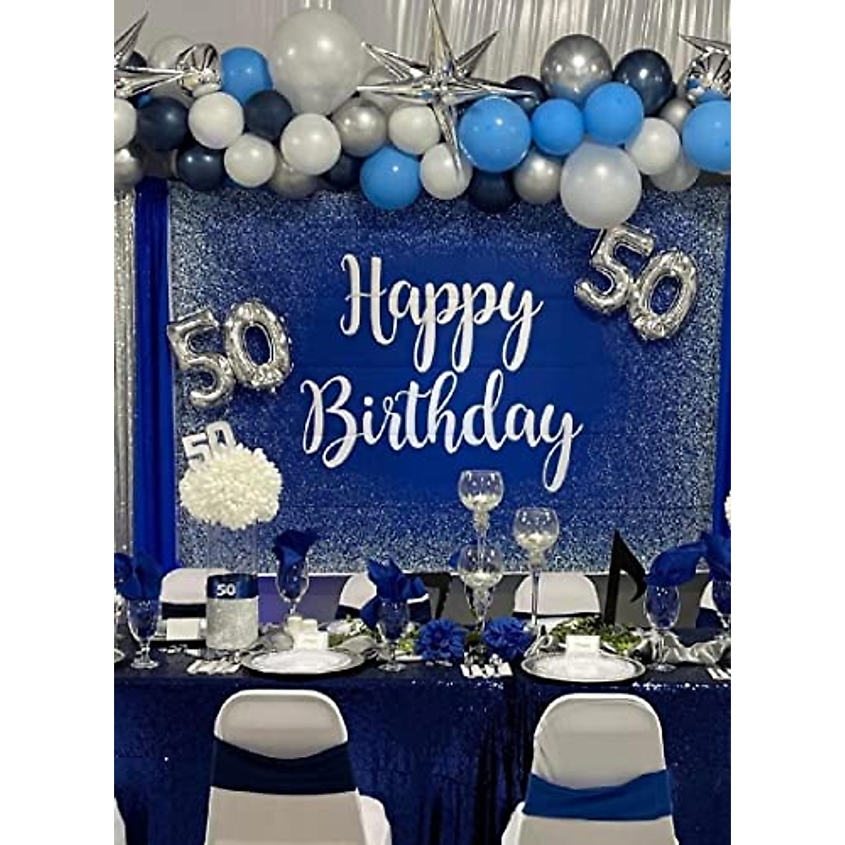 Royal Blue Happy Birthday Backdrop Adults Mans Boys Bday Party Banner Silver Glitter Spots Photography Background Table Wall Decorations Photo Shoot Booth Studio Props