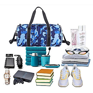 mezhsa Kids Overnight Duffle Bag Girls Boys Sports Gym Bag with Shoe Compartment Wet Pocket Camouflage travel bag (Blue)
