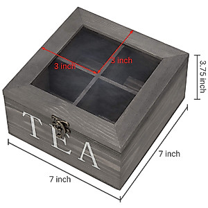 MyGift Rustic Gray Solid Wood Tea Box Organizer with 4 Compartments, Teabag Storage Chest with Clear Acrylic Lid and Latch
