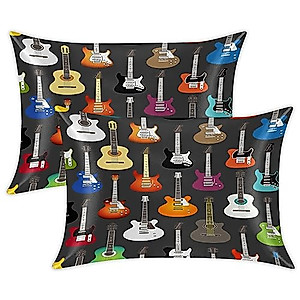 Music Pattern with Guitar Satin Pillow Cases Silk Satin Pillowcase for Hair and Skin Standard Set of 2 Super Soft Silk Pillowcase with Envelope Closure (20x26 in)