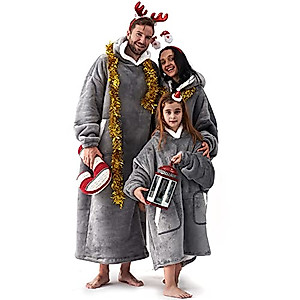 EHEYCIGA Wearable Blanket Hoodie for Women Men and Kids, Reversible Flannel Fleece Ultra Soft Plush Fuzzy Warm Sherpa Blanket Hoodie for Adult with Big Pockets, Grey, Extended Oversize