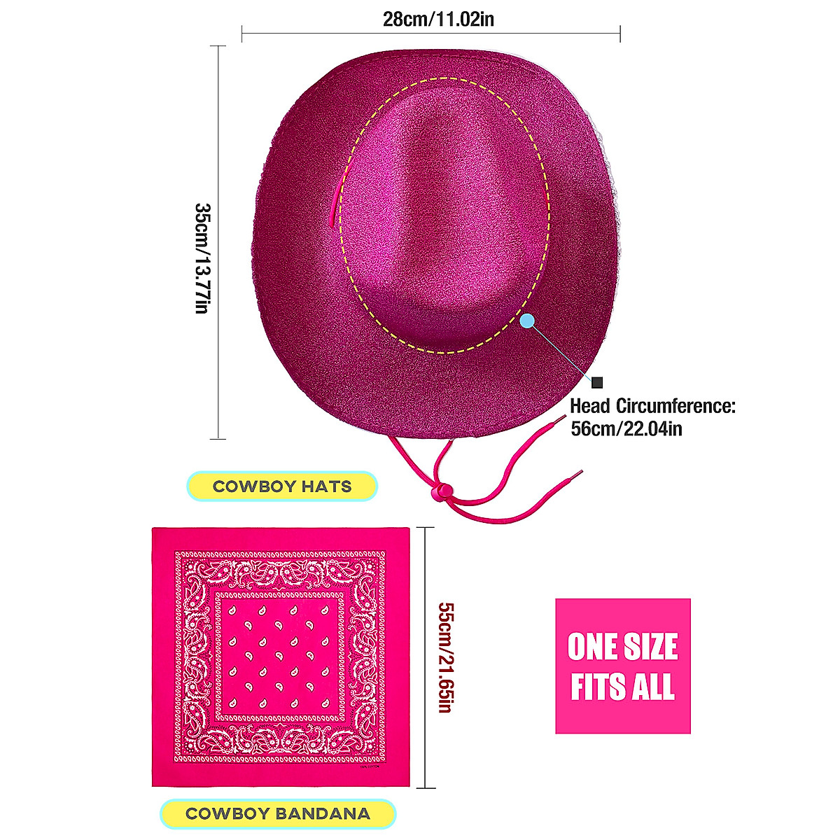 JICASTO Cowboy Hat Pink Cowgirl Hat with Sequins & Tiara Crown for women Rodeo Party Hats with Heart Glasses (Glitter Fringed Hot Pink)