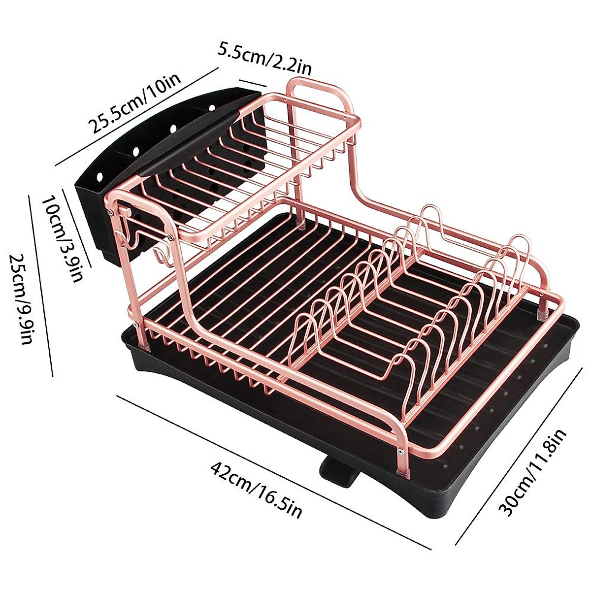 Tomorotec Never Rust Aluminum Dish Rack and Drain Board with Utensil Holder, 2-Tier Kitchen Plate Cup Dish Drying Rack Tray Cutlery Dish Drainer (Matt Rose Gold)