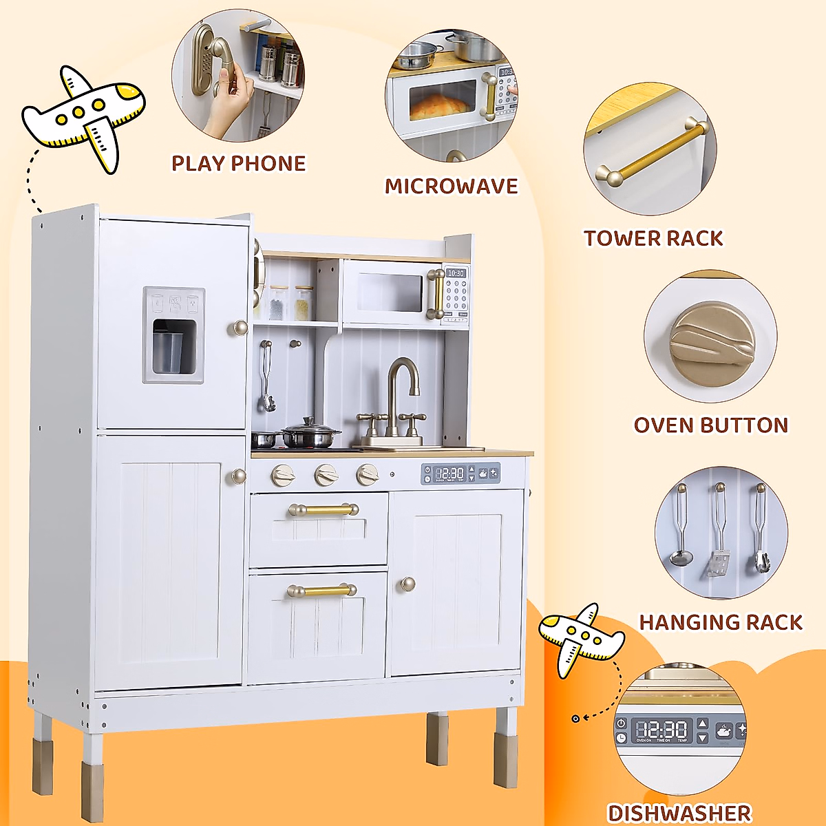 Clevich Play Kitchen, Wooden Kids Kitchen Playset, Pretend Chef Cooking Toy Set w/Realistic Lights & Sounds, Ice Maker, Telephone, Kitchen Accessories, Height Adjustable for Boys Girls Age 3+