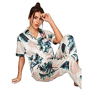 Floerns Women's Printed Two Piece Short Sleeve Sleepwear Long Pants Pajamas Sets A White S