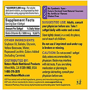 Nature Made Maximum Strength Biotin 5000 mcg, Dietary Supplement may help support Healthy Hair, Skin & Nails, 50 Softgels