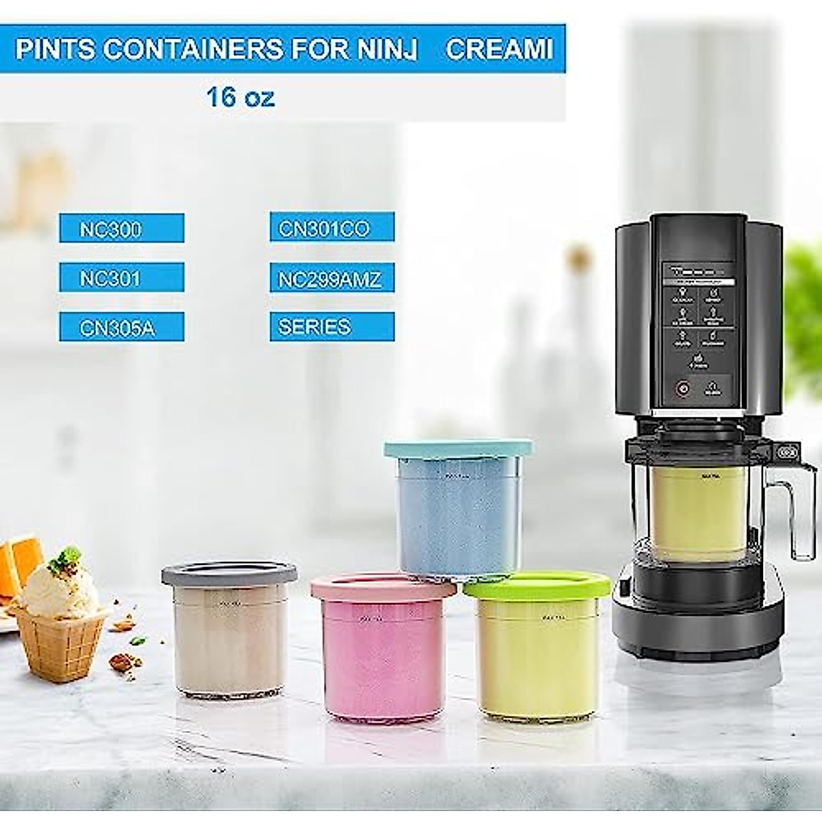 Containers Replacement for Ninja Creami Pints and Lids - 4 Pack,16oz Cup Compatible with NC301 NC300 NC299AMZ Series Ice Cream Maker, BPA Free Dishwasher Safe Leak Proof.