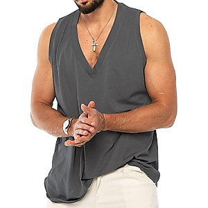 Dry Fit Muscle Shirts for Men Deep V Neck Tank Top Mens Athletic Tank Top Loose Fit Casual Sport Shirts Dark Gray XL