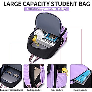 FENGDONG Teenage Girls Bookbag School Backpack Children Casual Daypack Schoolbag for Teens Black Purple