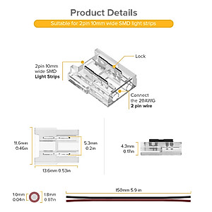 SEZO 3528 5630 5730 5050 UV Light Strip Connectors Kit 12PCS 2PIN 10mm Transparent Unwired Gapless Solderless LED Light Strip to Wire Connectors + 6PCS 15cm Long 20AWG Extension Wire