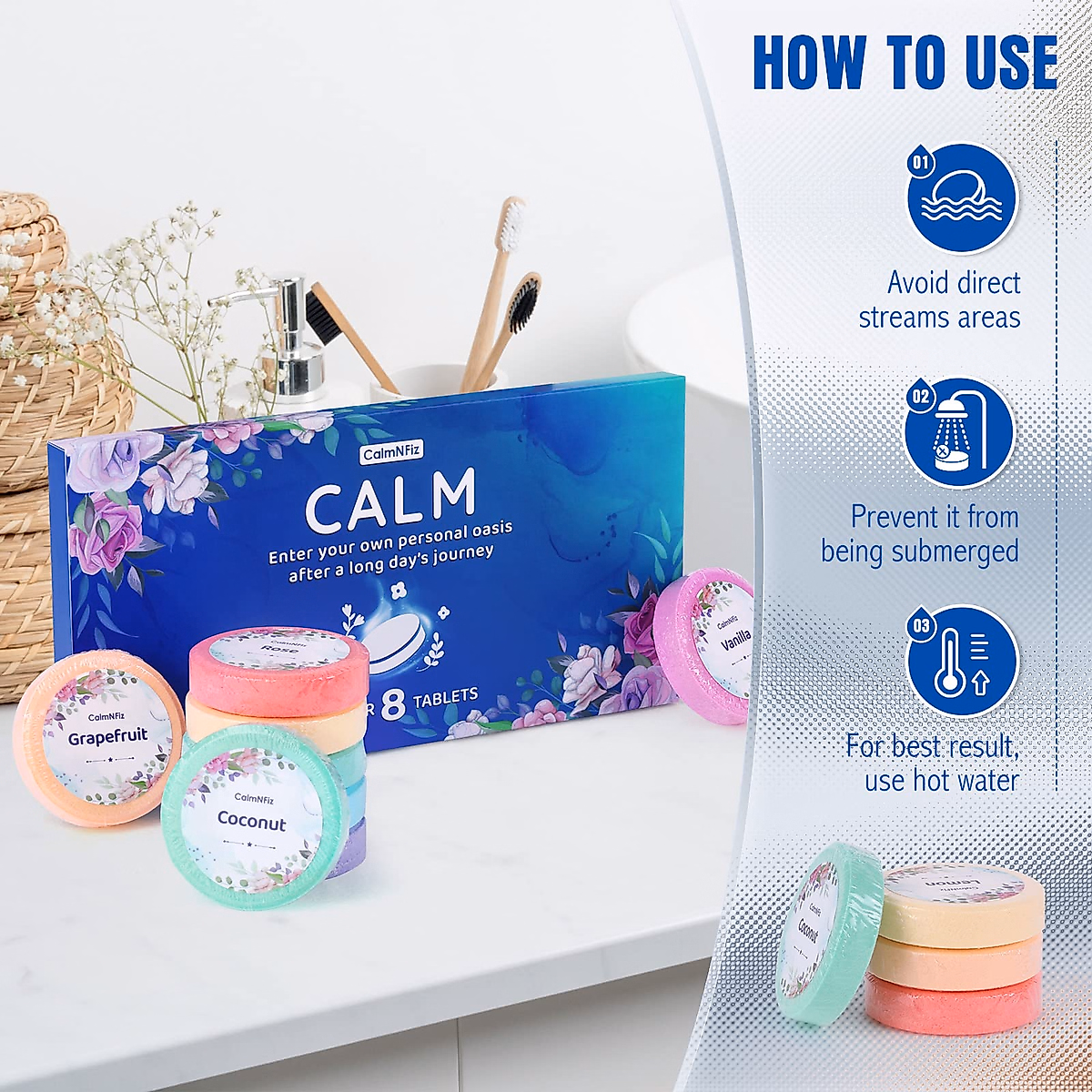 CalmNFiz 8 Pack Shower Steamers- Shower Steamer with Natural Fragrance: Coco Ocean Lemon Rose, etc, Luxury Relaxation Shower Bombs Presents for Women, Men, Mom & Girl