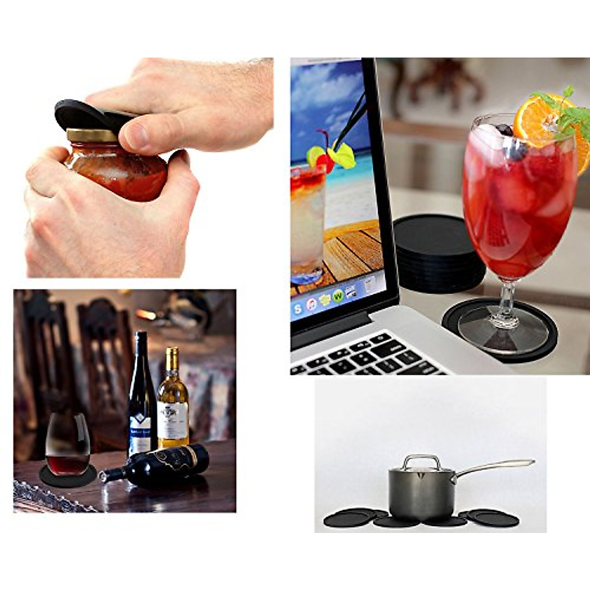 UTRO Silicone Drink Coasters Set of 8 - Non-Slip Round Soft Coaster Rubber Cup Pad Mat - Tabletop Protection – Easy to Clean - Black