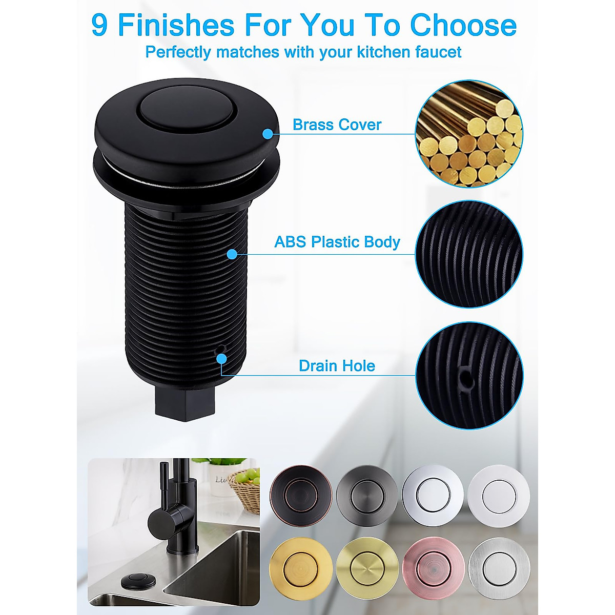 BESTILL Garbage Disposal Air Switch Kit - UL Listed, Cordless Sink Top Push Button for Food Waste Disposer, Brass Cover(Matte Black)