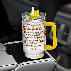 99OWL Cups Tumblers Women Butterfly Coffee Lavender Handle For Yellow, Sunflower Gifts, Tumbler 40 Oz With Handle Lid And Straw, Sunflower Canvas Cover